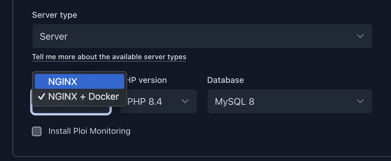 Add Docker + Optional nginx setup during server creation - Ploi Roadmap